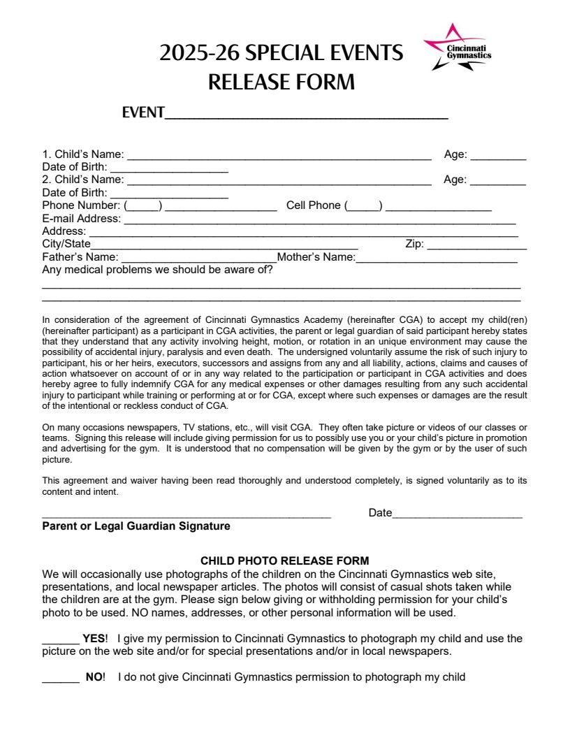Special Events Release Form - Cincinnati Gymnastics | Home of Olympic ...